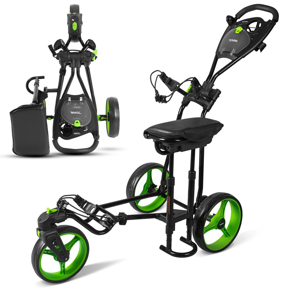 3-Wheel Golf Push Cart with Seat, Lightweight Steel Frame, Foldable ...