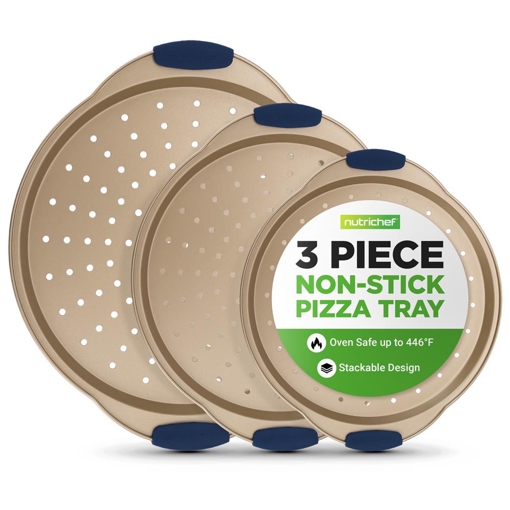 3-Piece Pizza Tray Set for Crispy Pizzas, Nonstick Carbon Steel, Gold ...