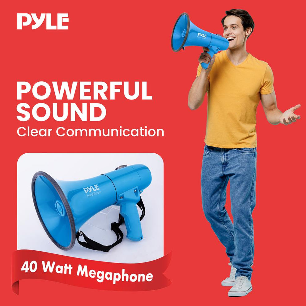 40W Megaphone Siren Bullhorn, Loud Sound, Portable, Blue – Pyle USA